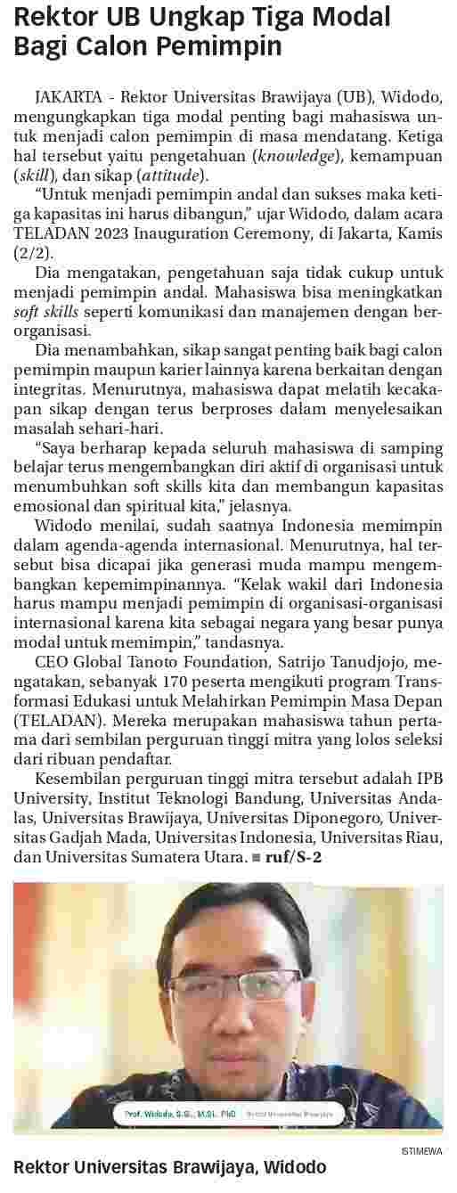 Rektor UB Ungkap Tiga modadl Bagi Calon Pemimpin – koran.humas.ugm.ac.id