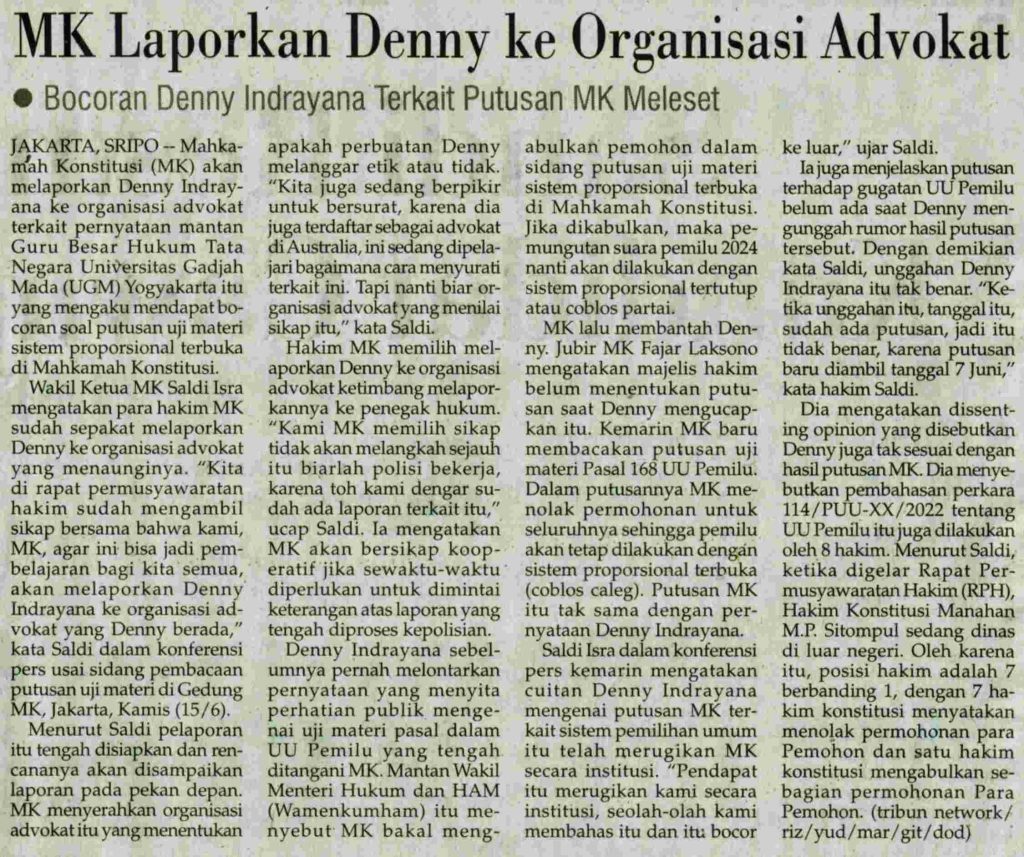 MK Laporkan Denny ke Organisasi Advokat – koran.humas.ugm.ac.id MK Laporkan Denny ke Organisasi Advokat – koran.humas.ugm.ac.id
