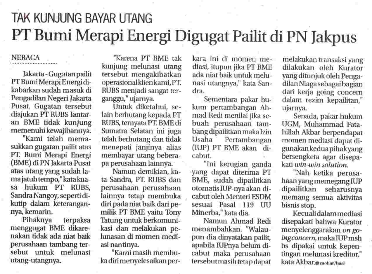 Tak Kunjung bayar utang PT Bumi Merapi Energi Digugat Pailit di PN ...