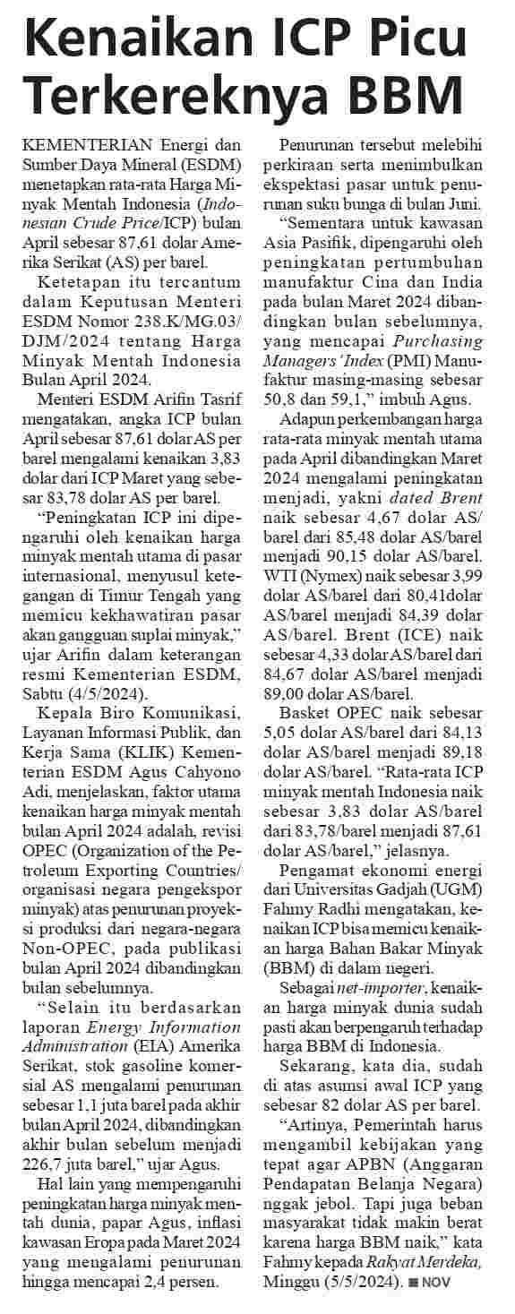 Kenaikan ICP Picu Terkereknya BBM – koran.humas.ugm.ac.id