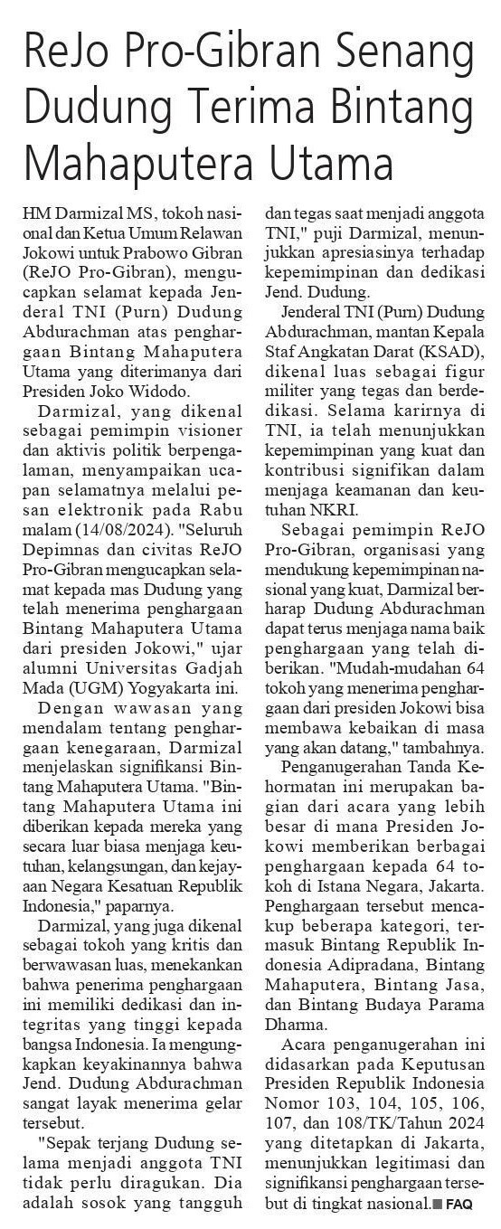 Rejo Pro- Gibran Senang Dudung Terima Bintang Mahaputera Utama – koran ...