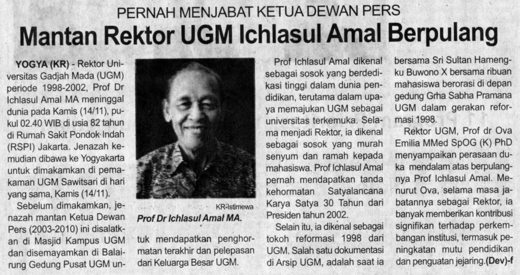 Mantan Rektor UGM Ichlasul Amal Berpulang – koran.humas.ugm.ac.id